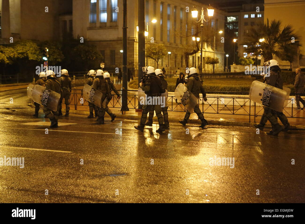 Athens, Greece. 26th February 2015. Police officers in riot gear follow ...