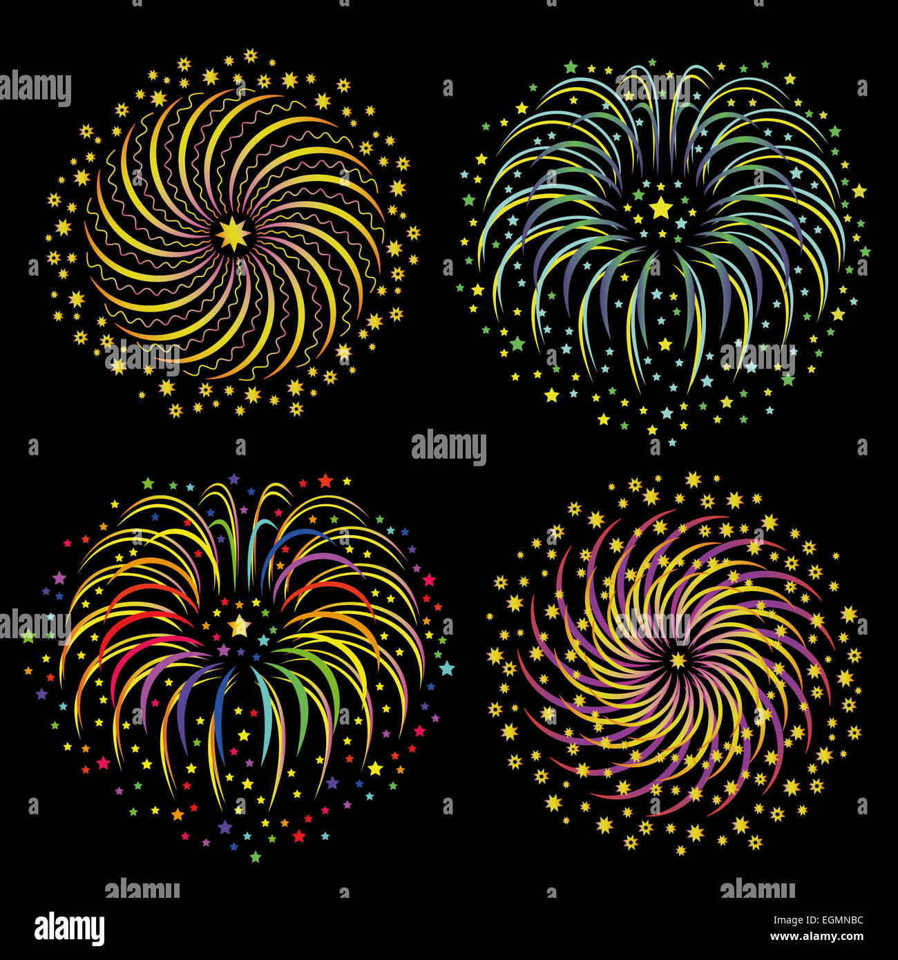 Set of colorful stylized fireworks Stock Photo - Alamy