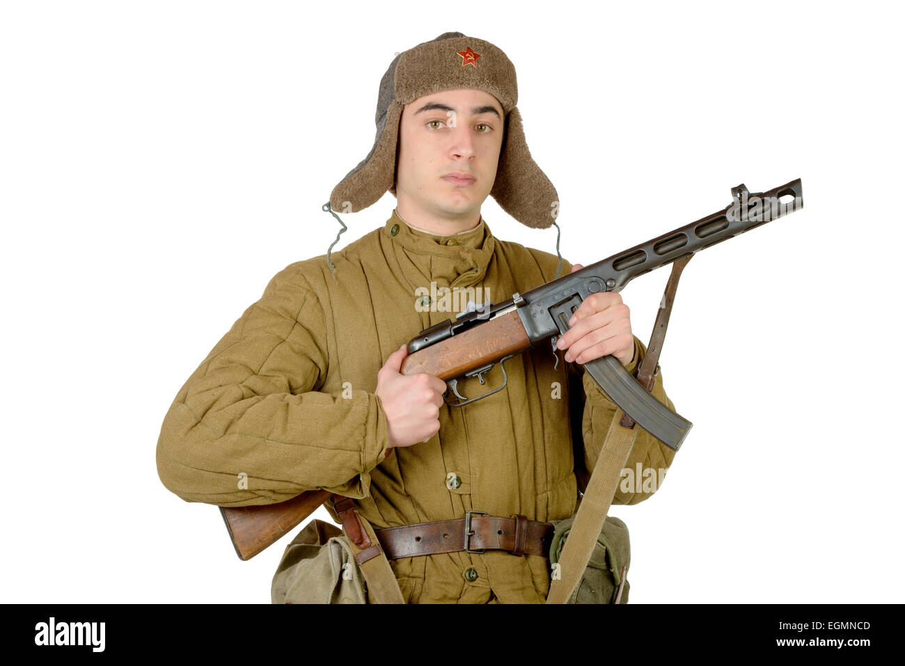 young Soviet soldier with machine gun on the white background Stock ...