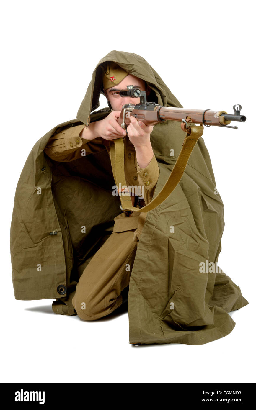 Soviet sniper with his rifle on the white background Stock Photo - Alamy