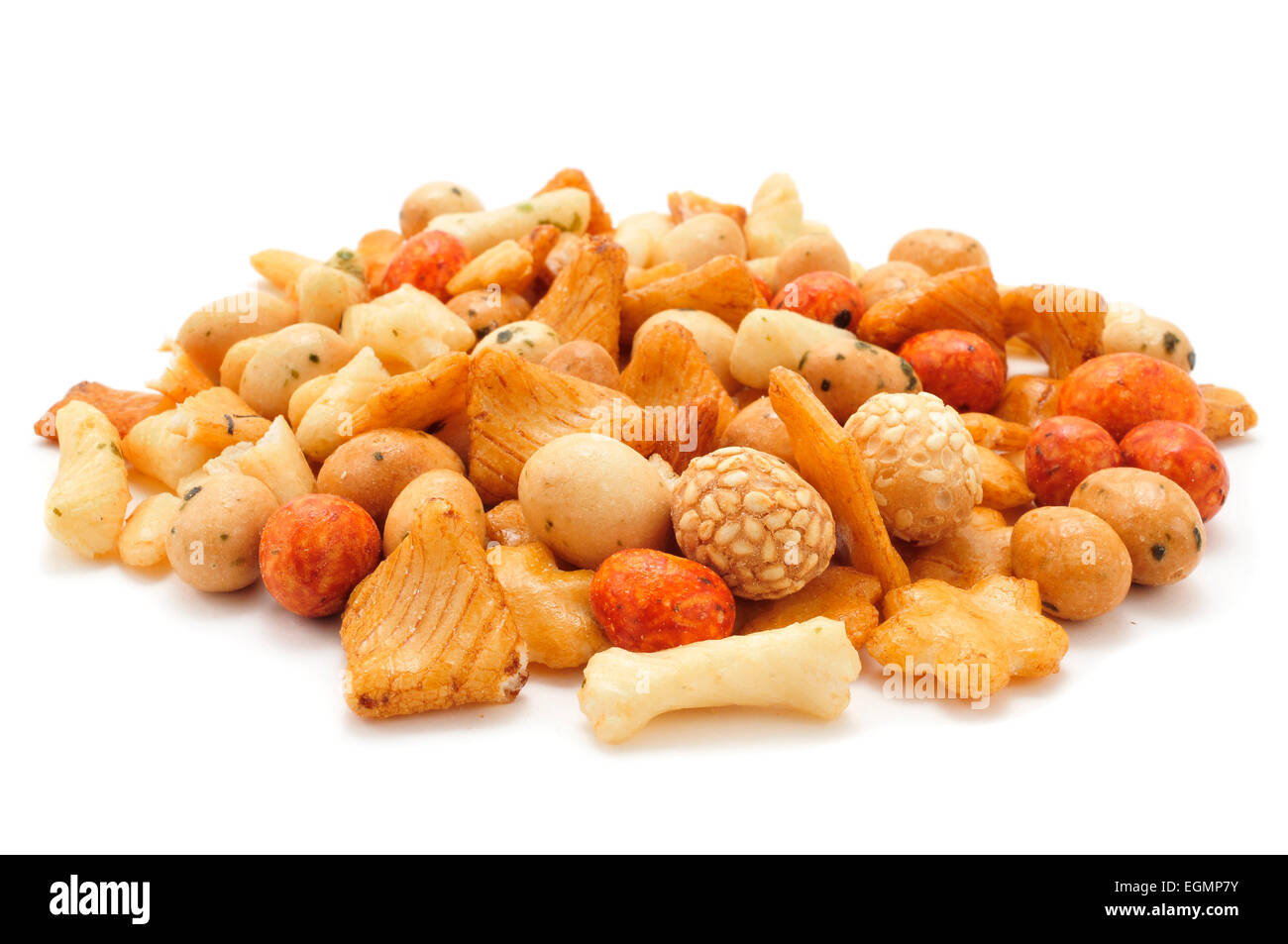 closeup of a pile of oriental mix snack on a white background Stock ...