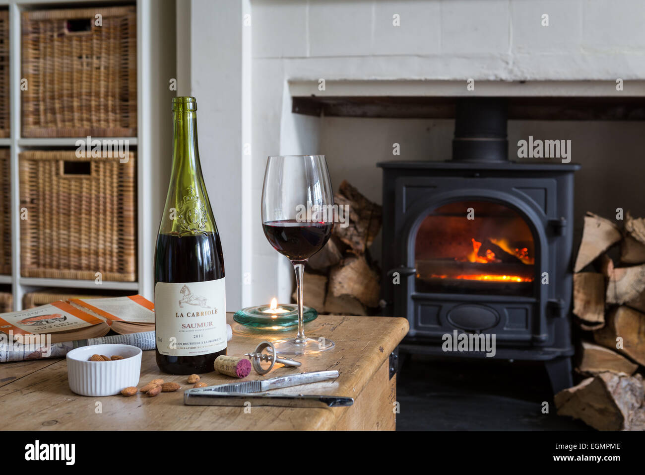 Red wine by the fireside Stock Photo - Alamy