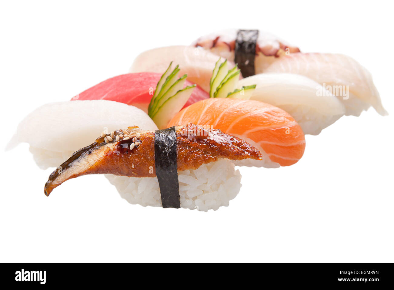 traditional Asian sushi rolls sashimi close-up shot in the studio on a ...