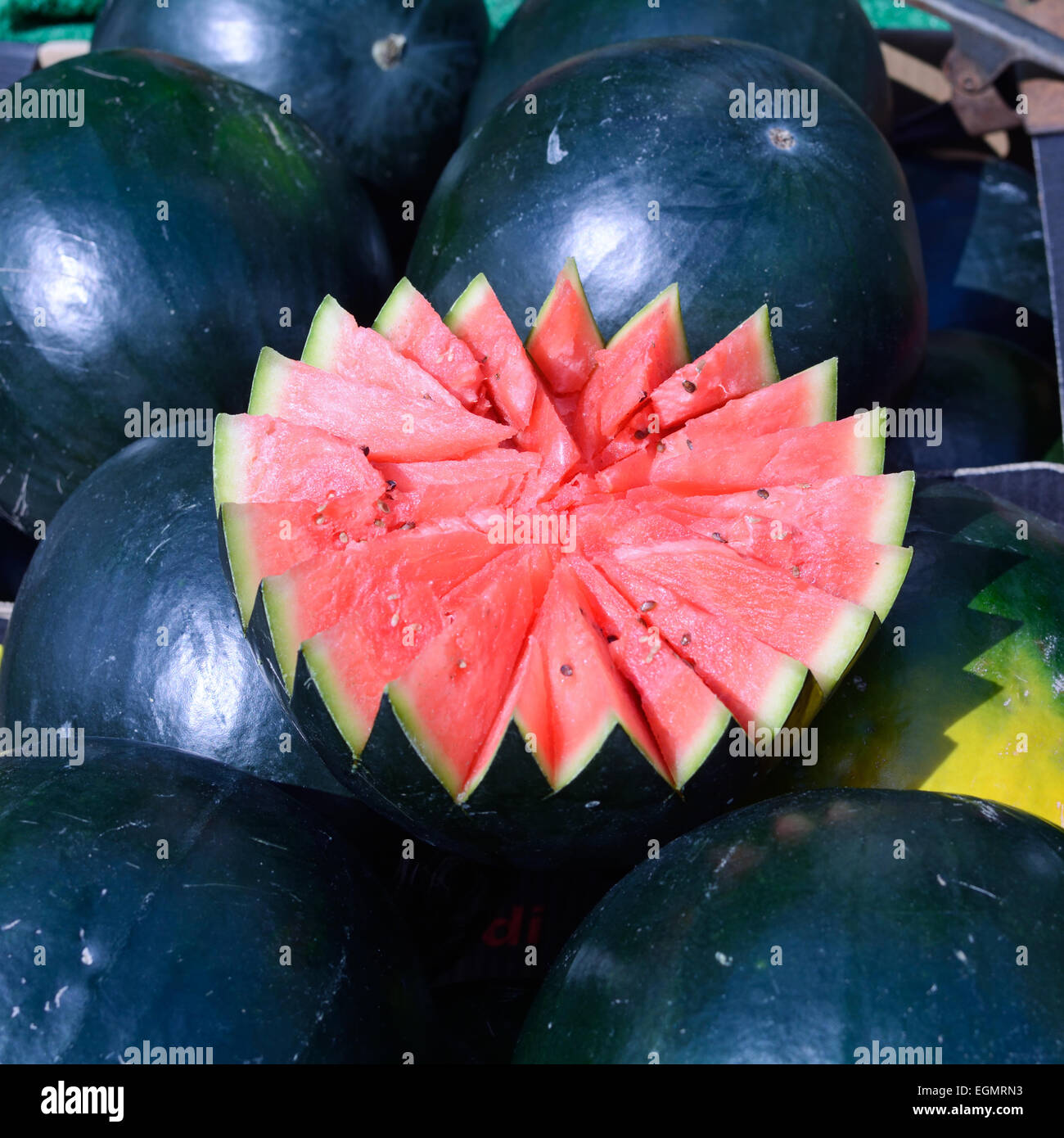Water melons on display at bi-weekly outdoor market in Bedford ...