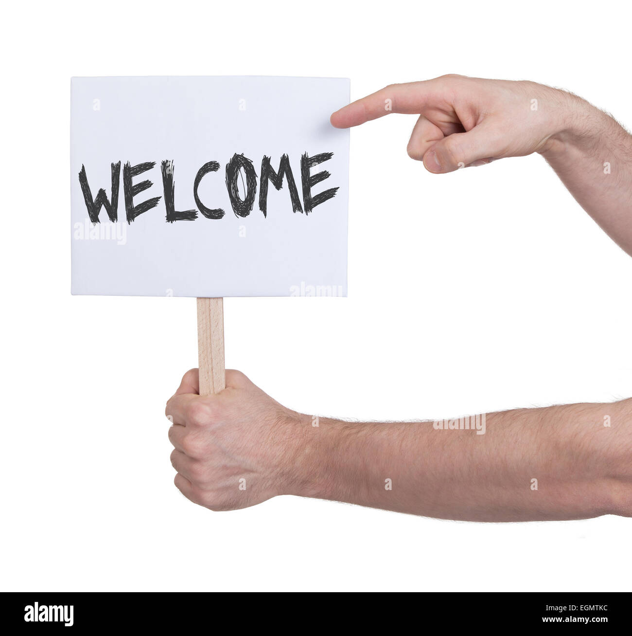Hand holding sign, isolated on white - Welcome Stock Photo - Alamy
