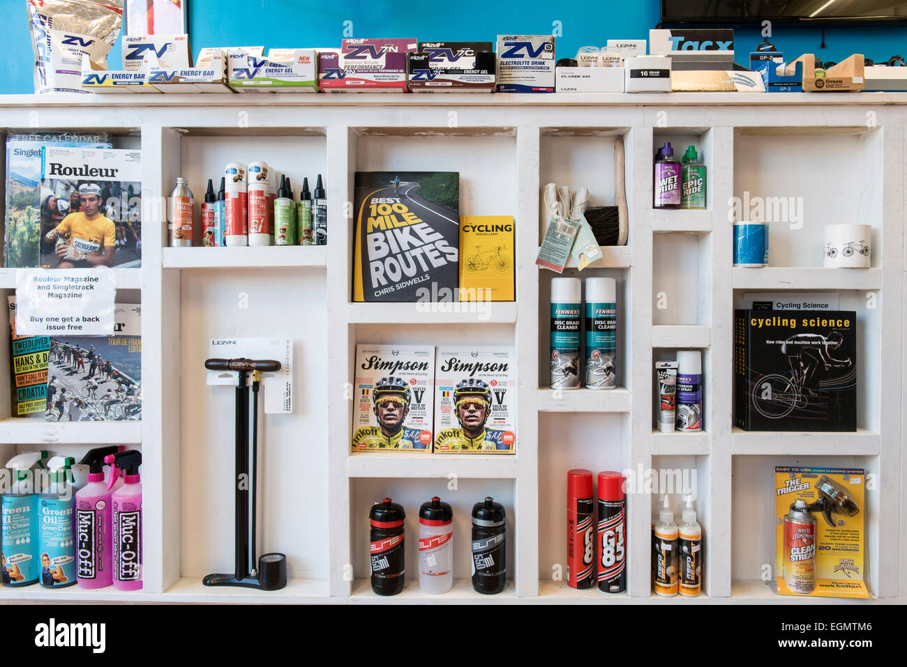 Details of the inside of a bicycle sales and repair shop, showing bikes ...