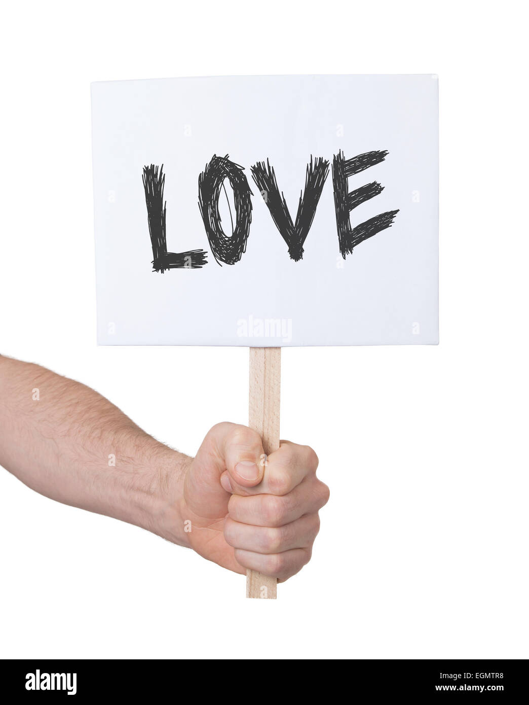 Hand holding sign, isolated on white - Love Stock Photo - Alamy