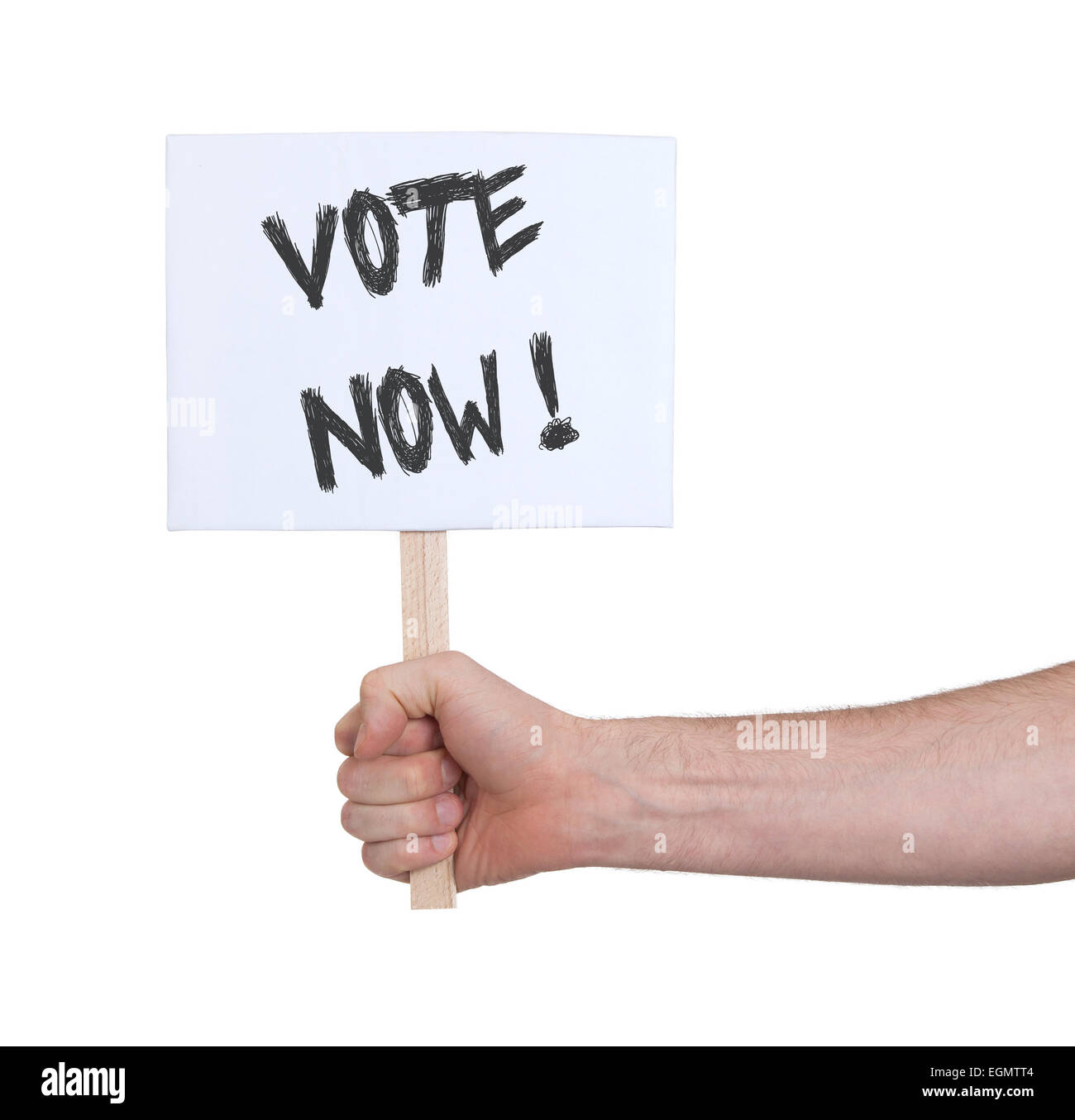 Hand holding sign, isolated on white - Vote now Stock Photo - Alamy