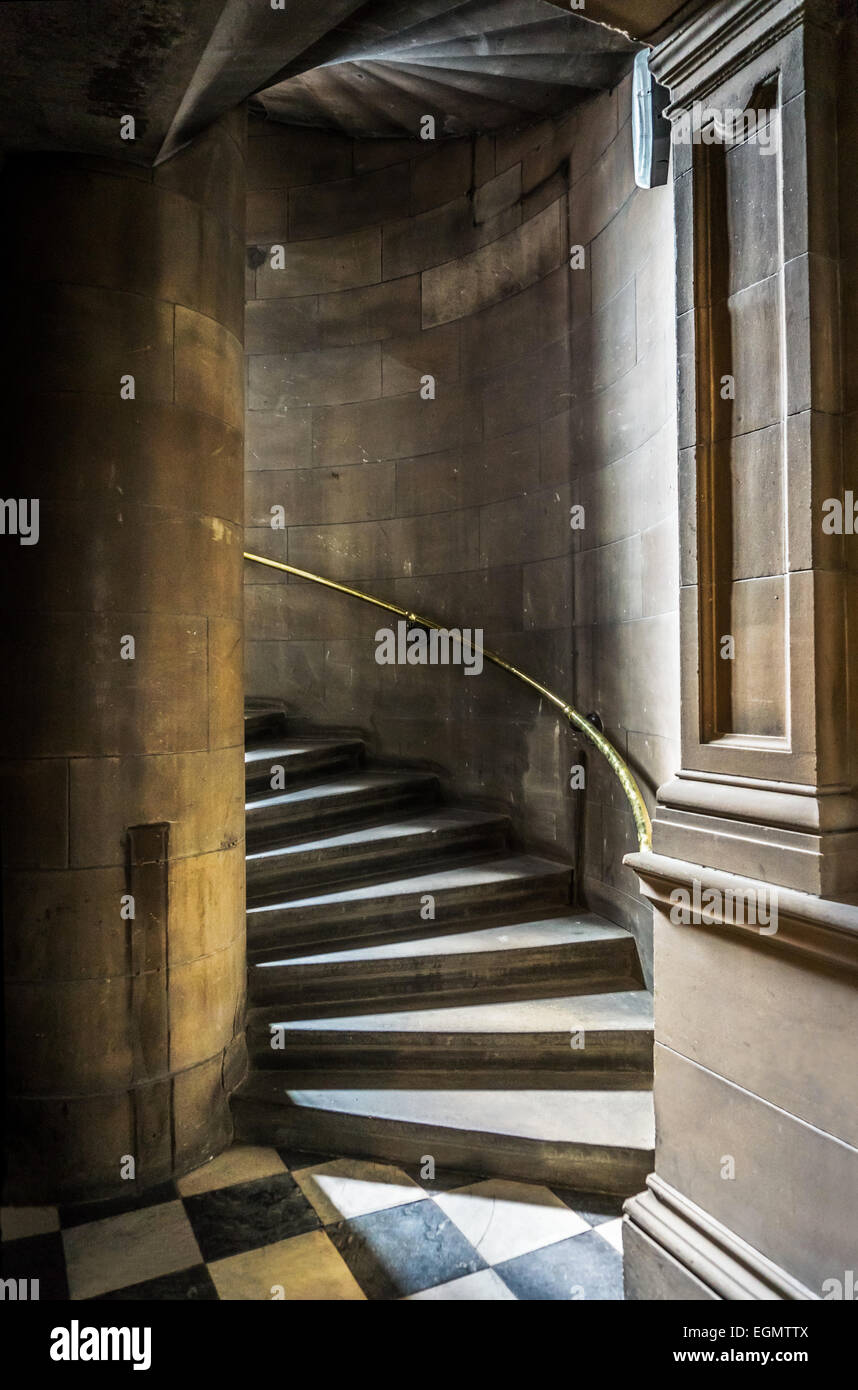 Narrow round old stone staircase winding up a tower in the Kelvingrove ...