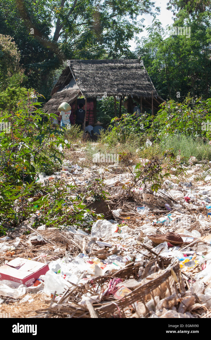 Discarded plastic rubbish trash at Inthein village on banks of Inle ...