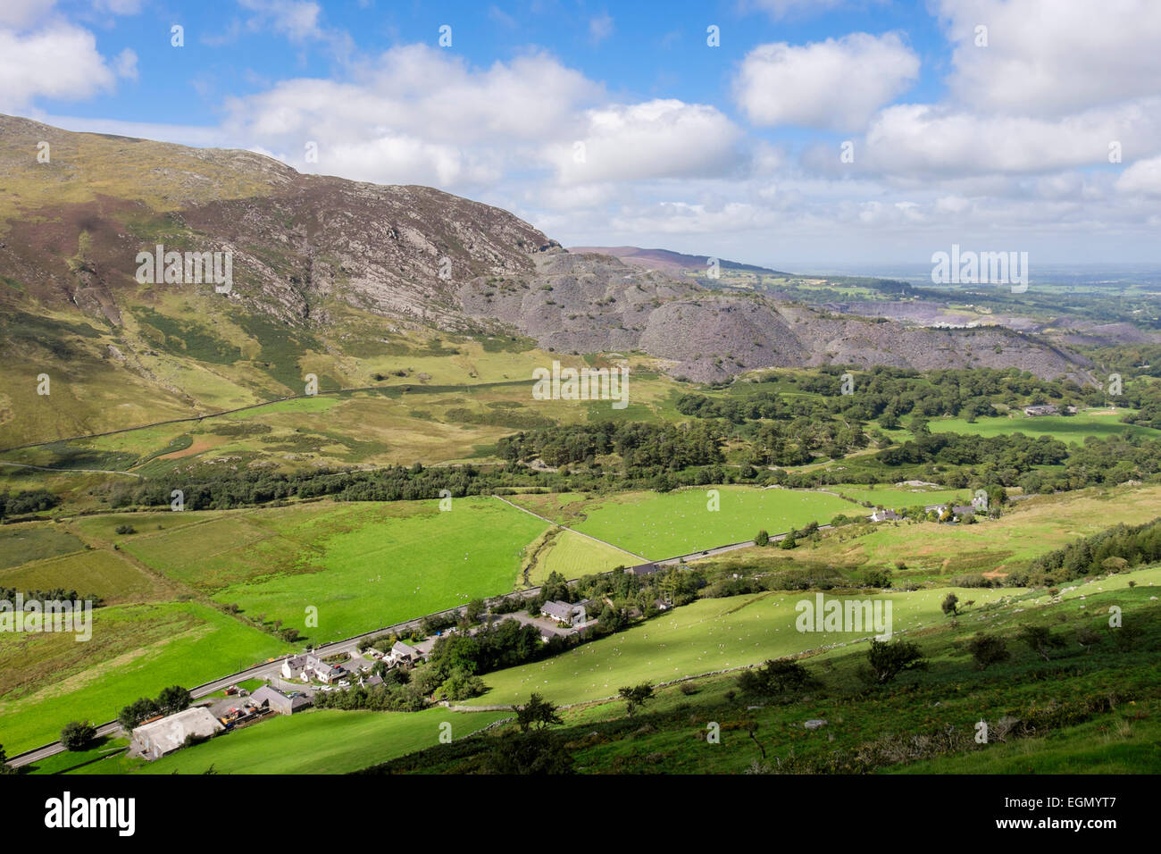 View above A5 road through Nant Ffrancon valley in Snowdonia National ...