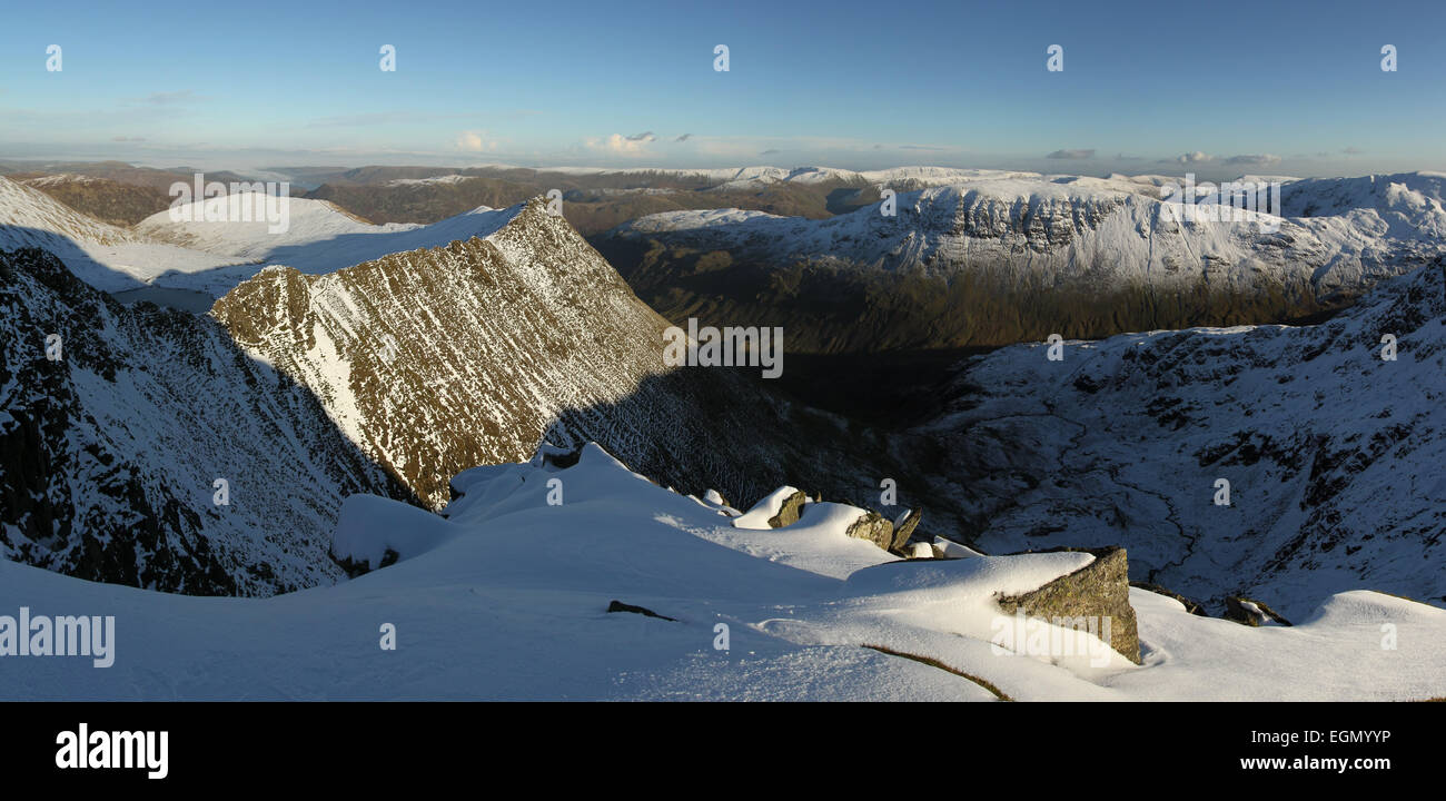 Striding Edge Helvellyn, snow on striding edge. Lake district panorama ...