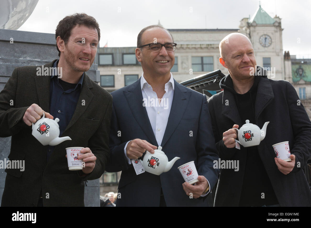 London, UK. 27 February 2015. L-R: Nick Moran, Theo Paphitis and Jake ...