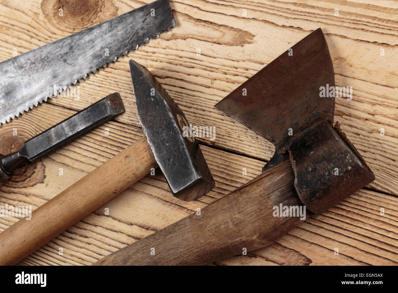 Old carpentry tools on a wooden background Stock Photo - Alamy