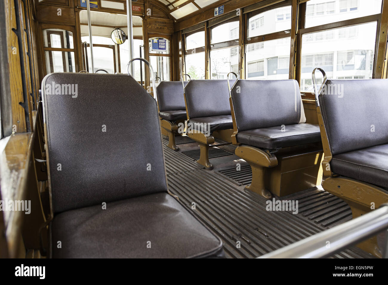 Interior of a tram in Lisbon, interior detail of a classic city ...