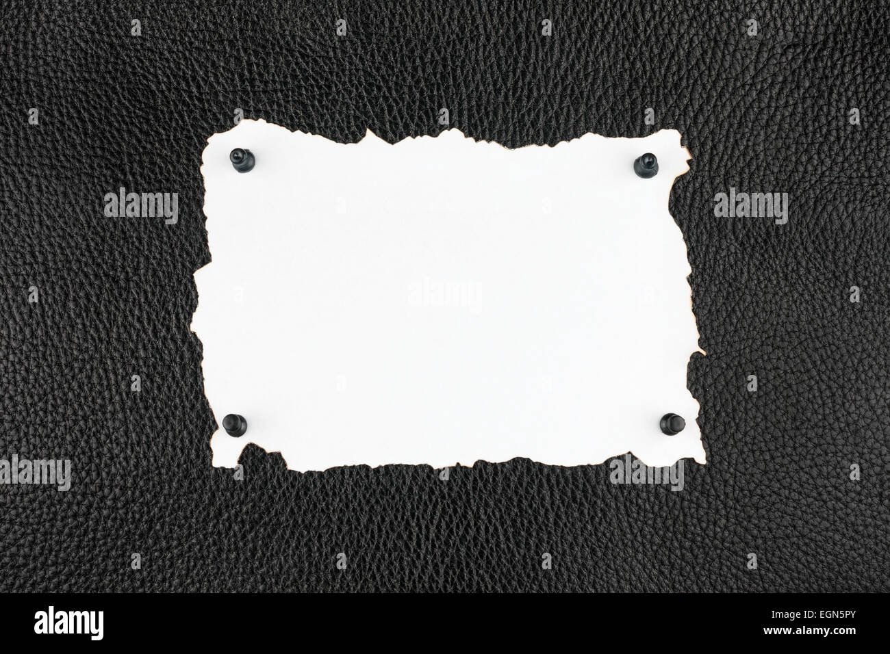 Old burnt paper pinned buttons to black leather, as background Stock ...