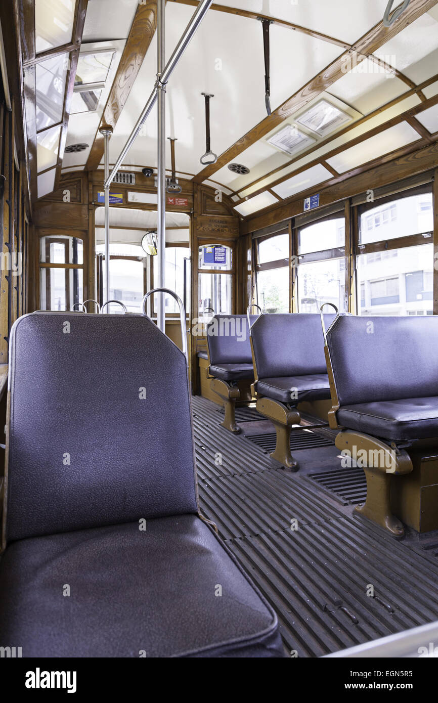 Interior of a tram in Lisbon, interior detail of a classic city ...
