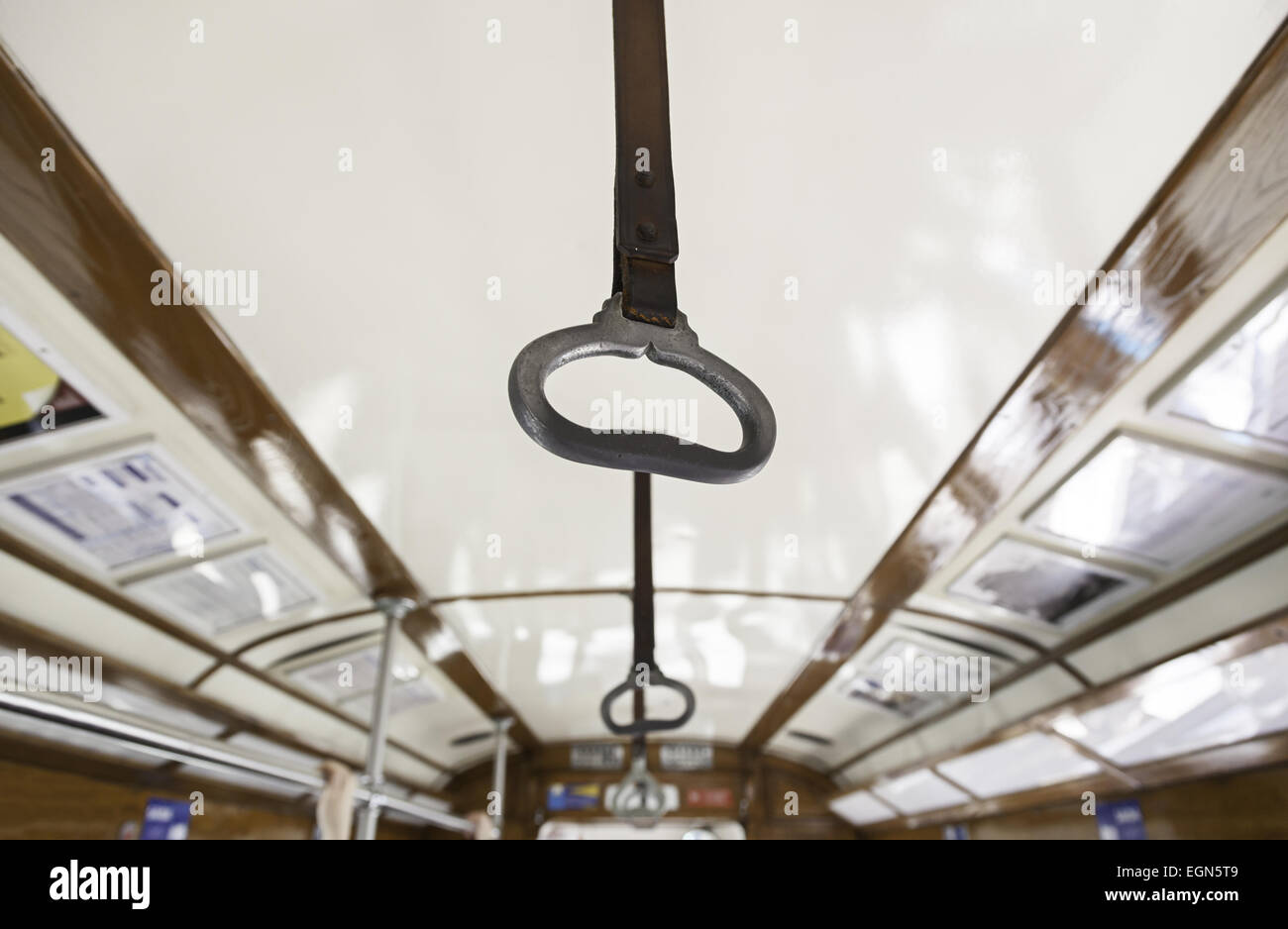 Interior of a tram in Lisbon, interior detail of a classic city ...