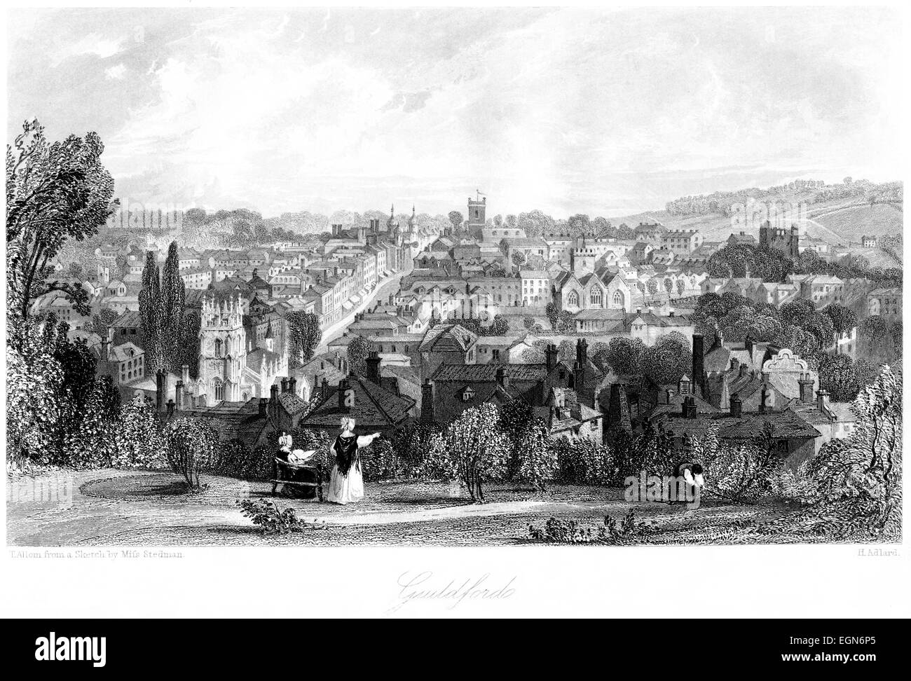 An engraving of Guildford, Surrey scanned at high resolution from a ...