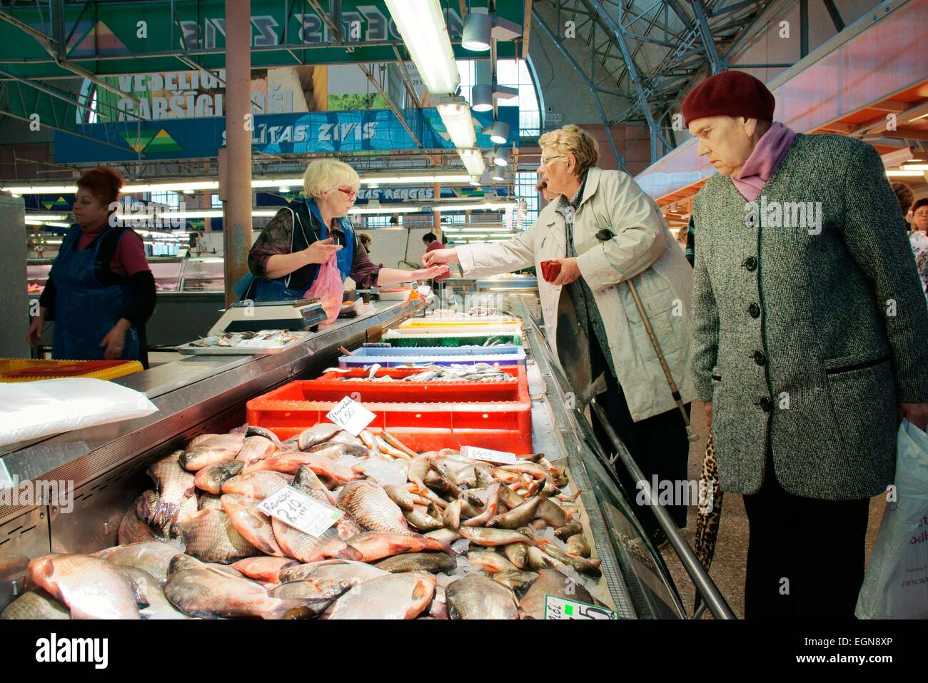 Riga Latvia. Customers buy fish in the Centraltirgus, largest market in ...