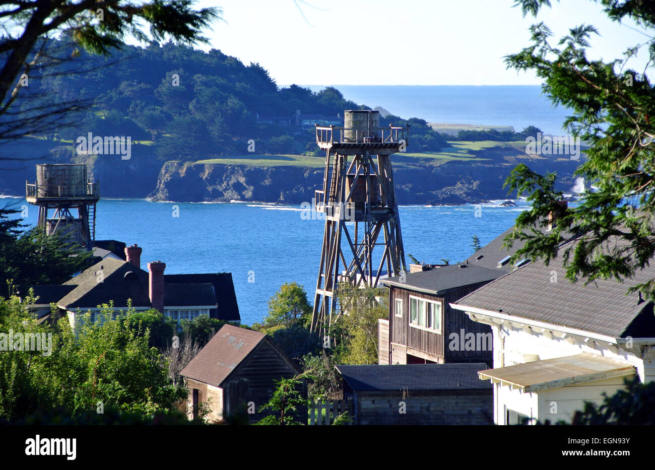 vie of old town mendocino and water towers along california coast Stock ...