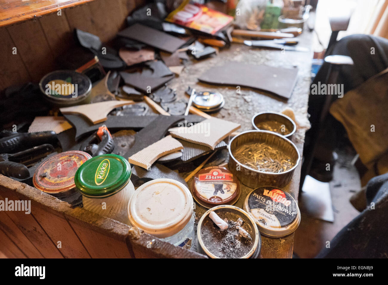 Picture of a cobblers work desk taken in a shoe repair shop in Praga ...