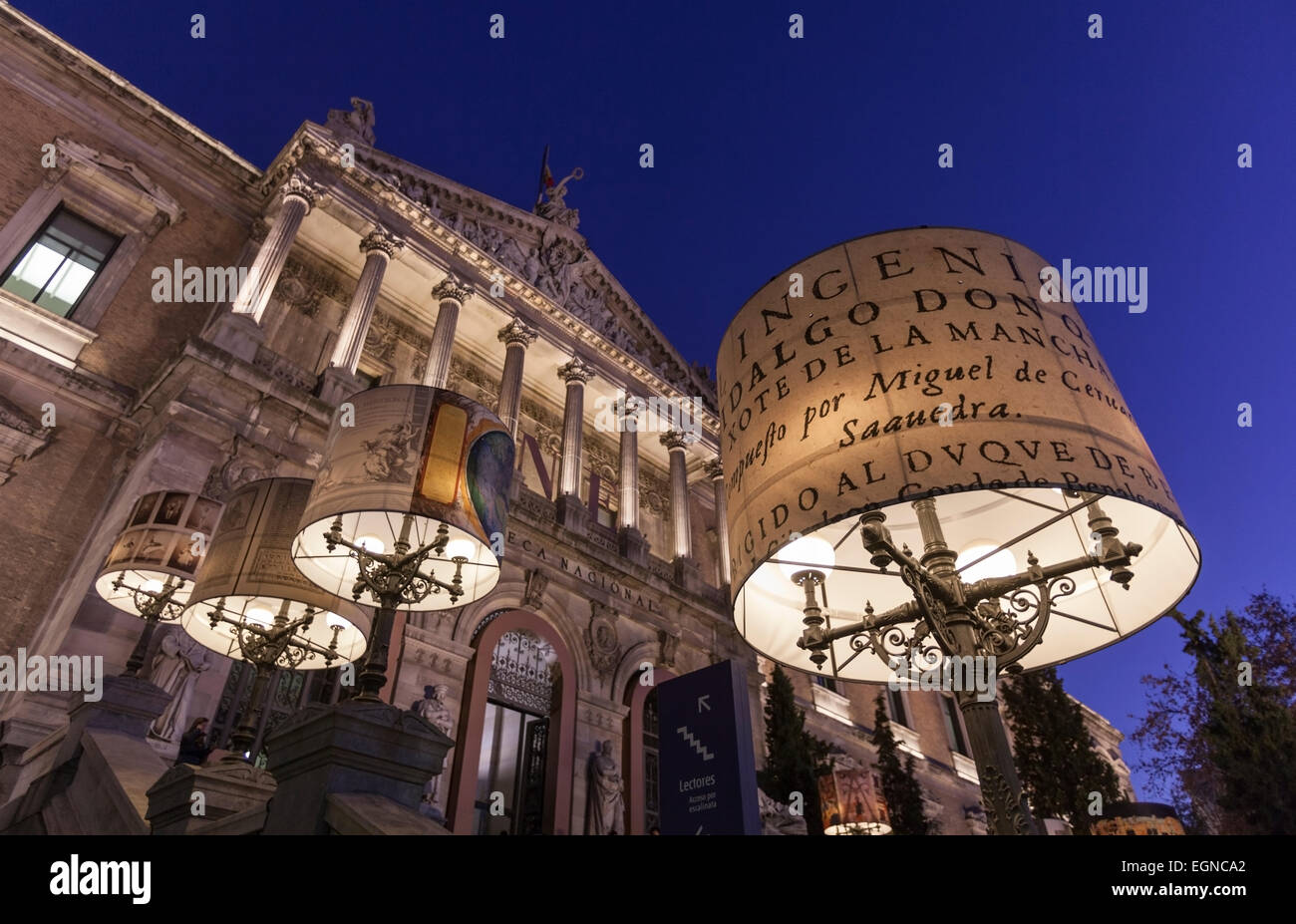 Lamps in the stairs and main entrance with monuments of the Biblioteca ...