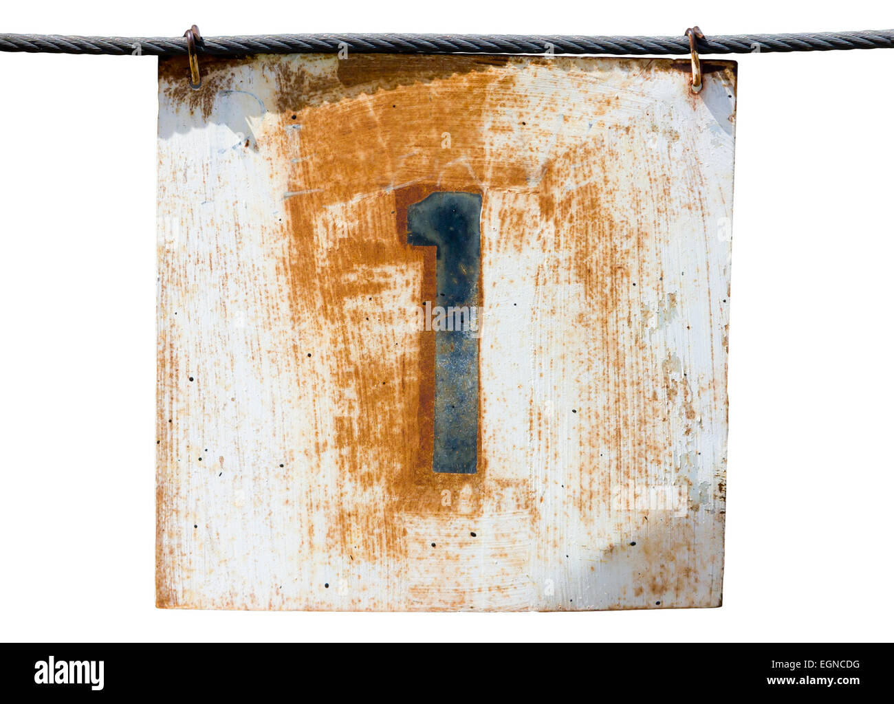 Old rusty number one sign hanging on a wire Stock Photo - Alamy