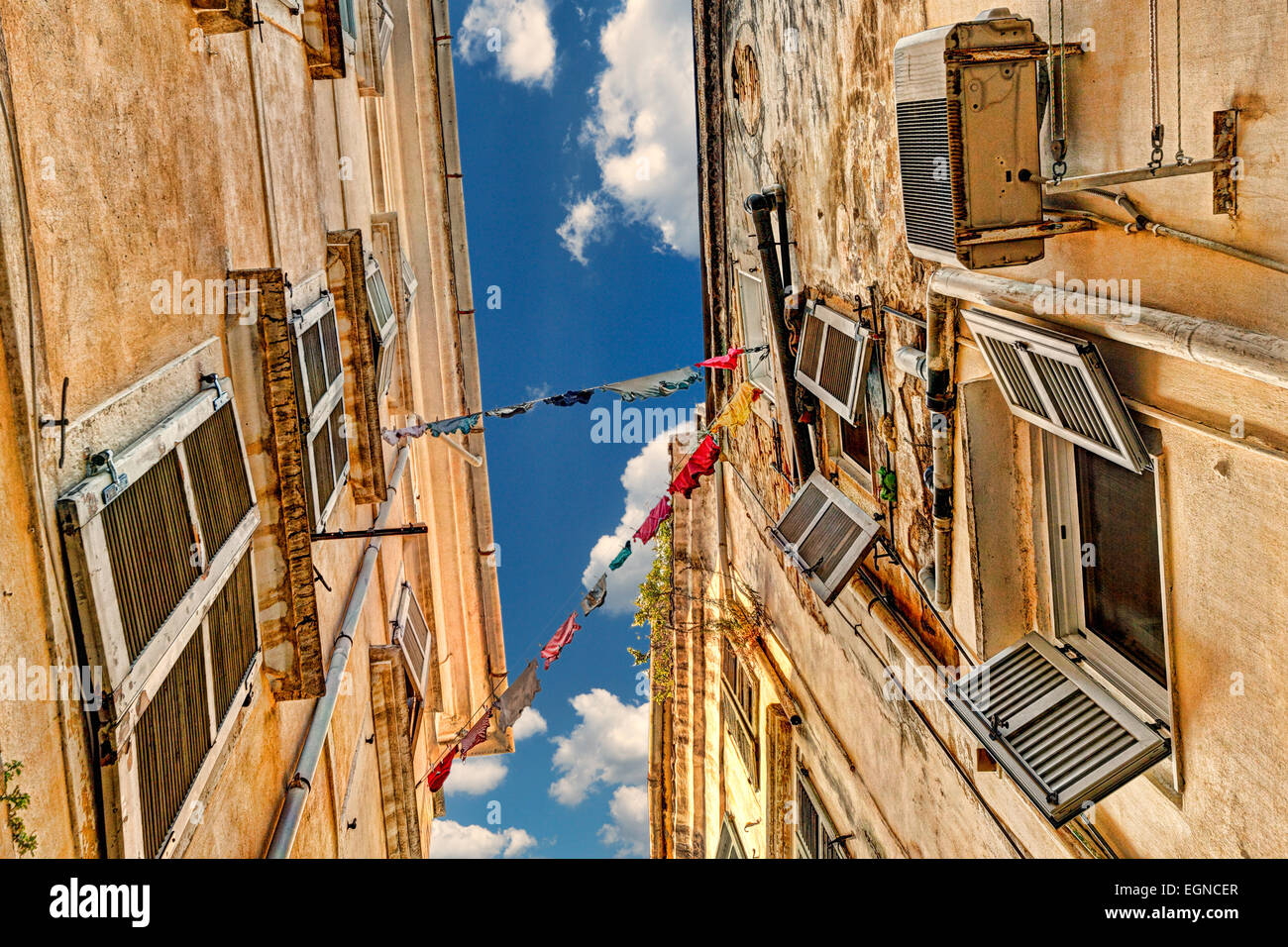 Looking up into the famous alleyways (kantounia) in the old town of ...