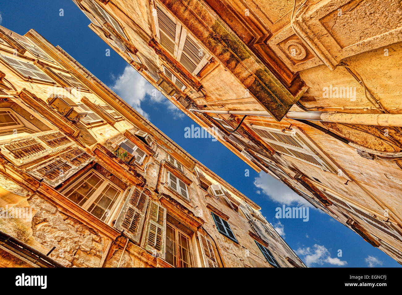 Looking up into the famous alleyways (kantounia) in the old town of ...