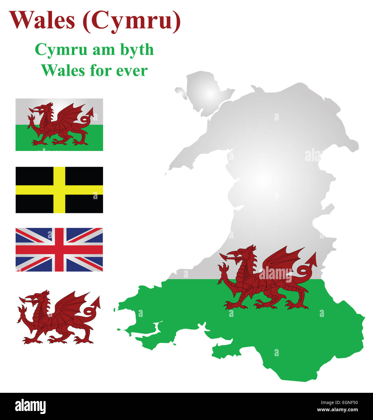 Flag and national emblem of Wales overlaid on detailed outline map ...