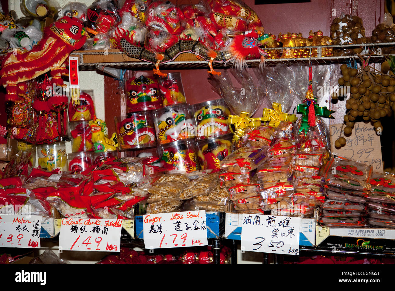 Food and trinkets for sale at Chinese New Year celebration Stock Photo ...