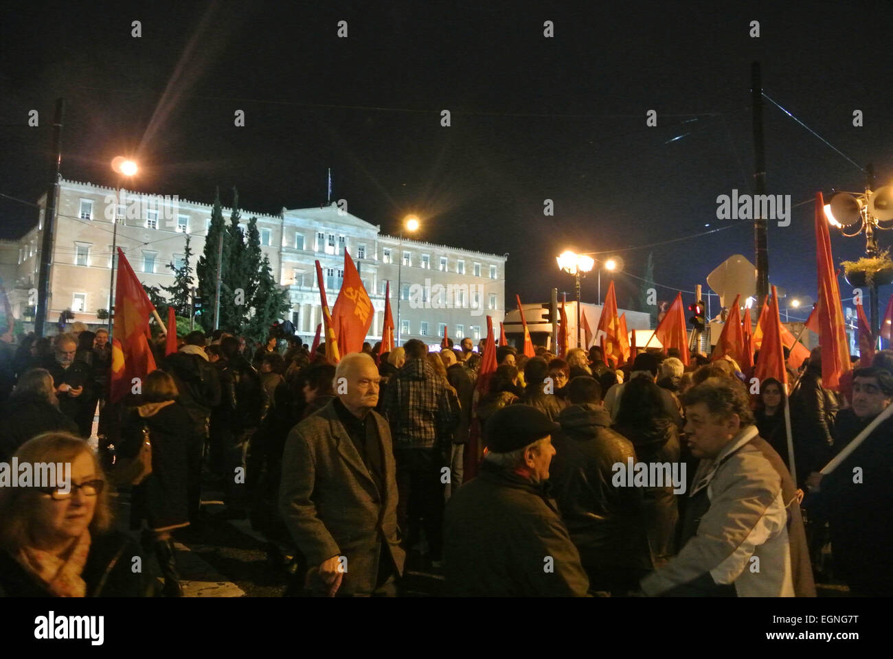 Athens, Greece. 27th February, 2015. KKE supporters gathered in front ...
