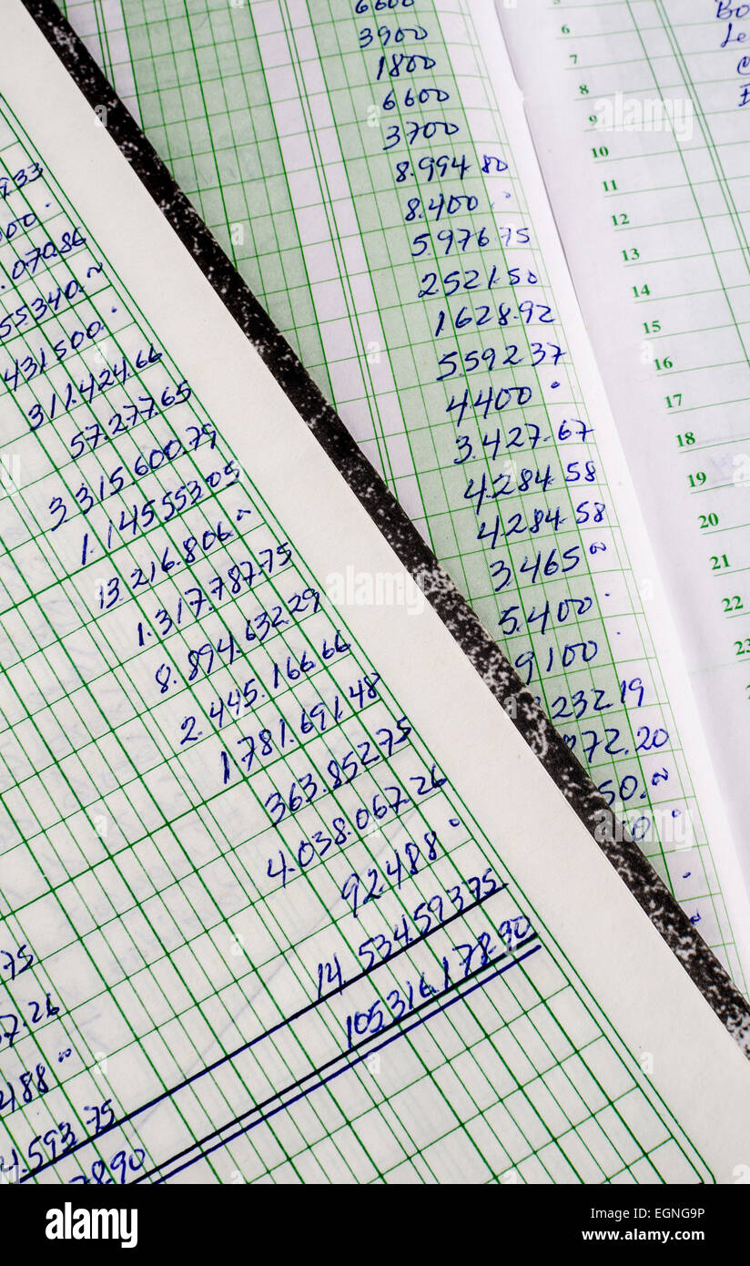 Handwritten accounting on the open pages of some old ledgers Stock ...