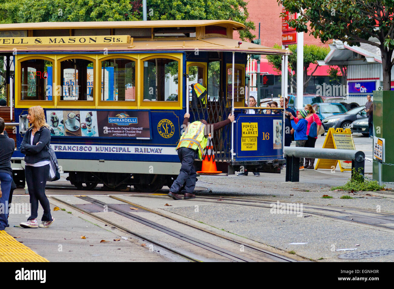 Conductor pushing cable car on turnstile on Powell Street in San ...