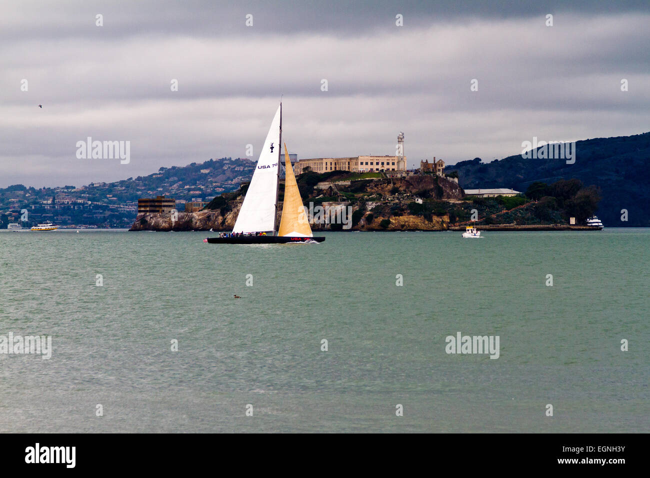 A sail boat sailing past Alcatraz Island Stock Photo - Alamy