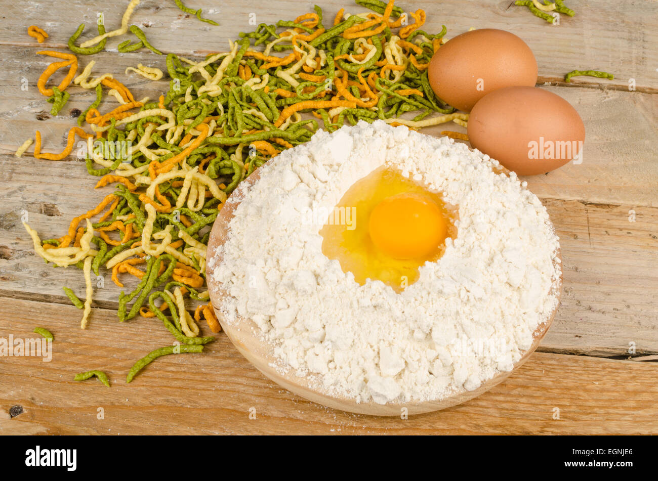 Basic ingredients for traditional German spaetzle noodles Stock Photo ...