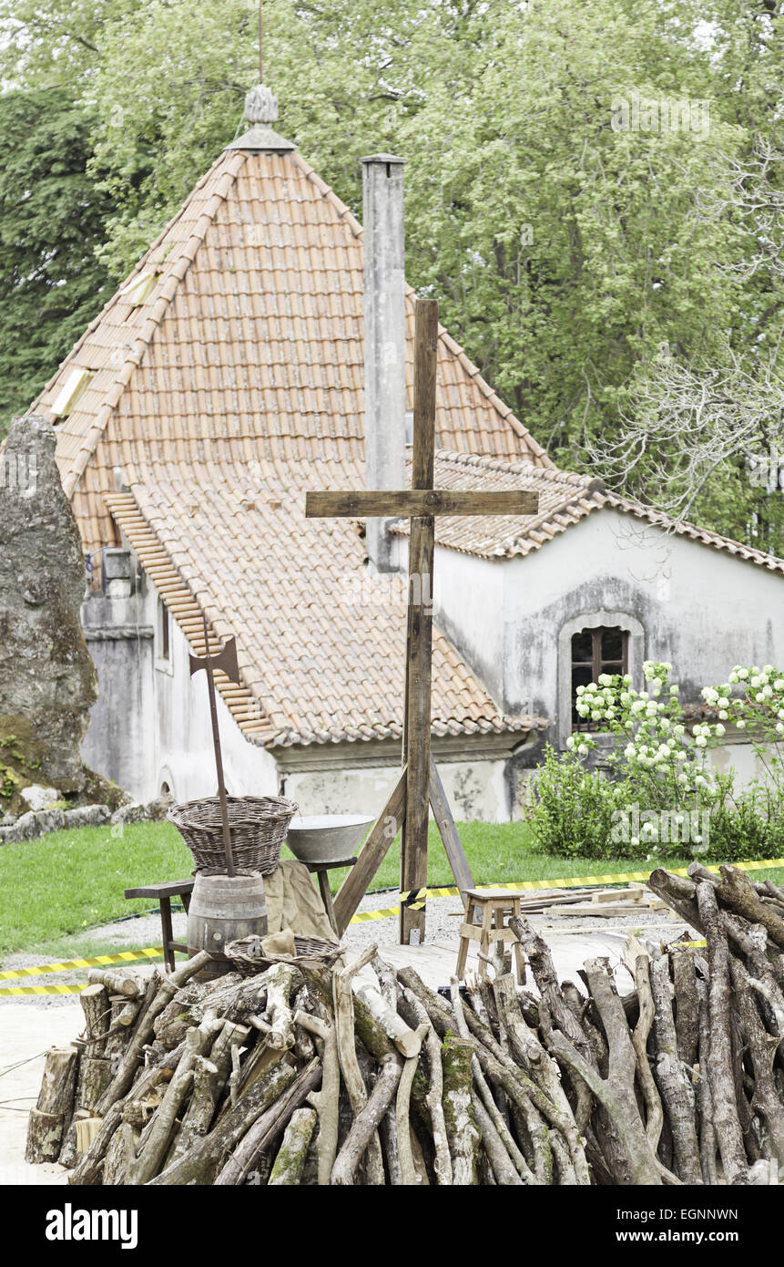 Cross to burn witches at the inquisition, detail of ancient religious ...