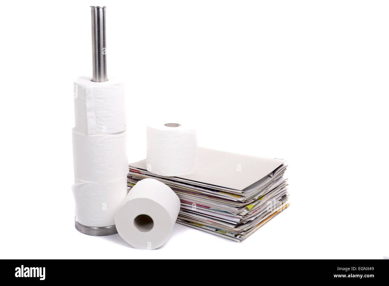 toilet paper and stack of magazines on white background Stock Photo - Alamy