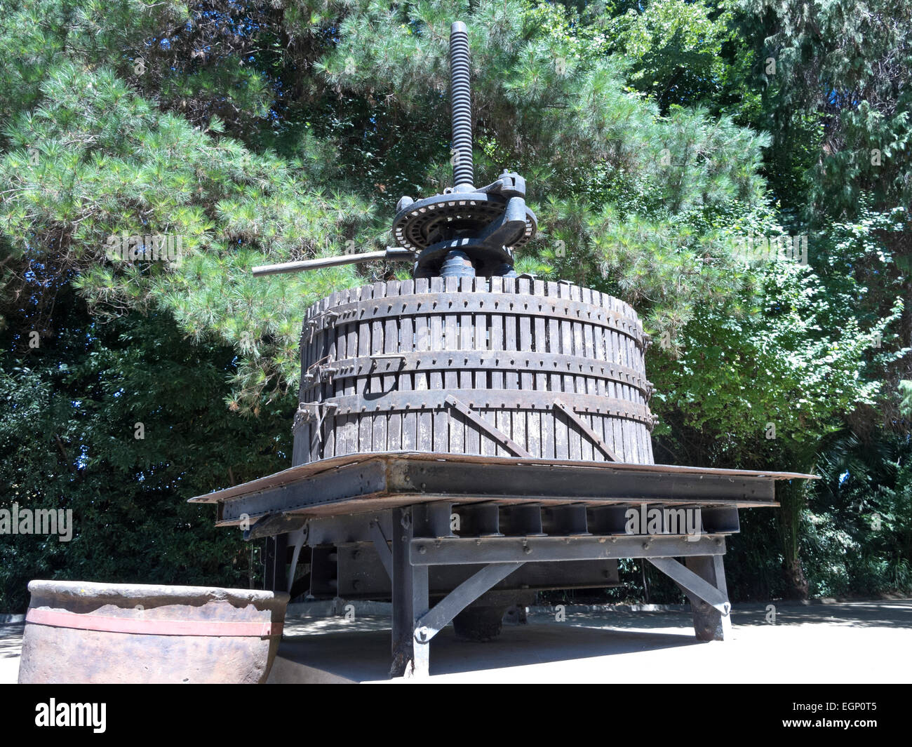 Ancient wine press. Traditional old technique of winemaking. The ...