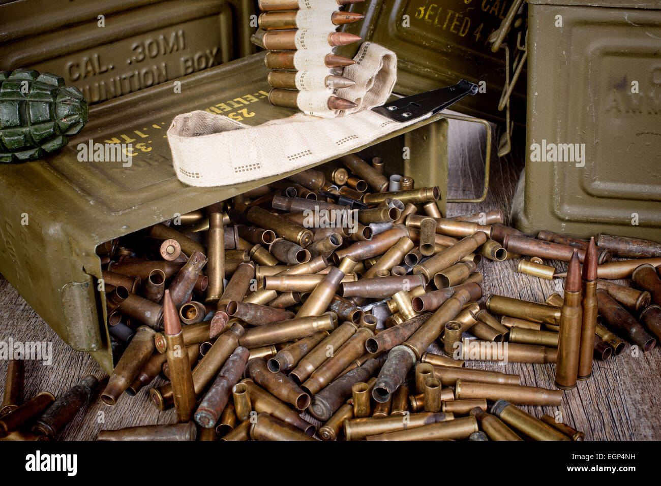 box of ammunition with empty cartridges on wooden table Stock Photo - Alamy