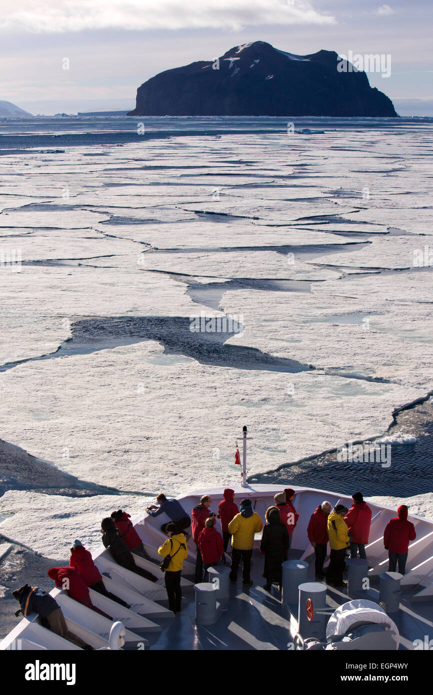 Antarctica, Weddell Sea, passengers on forecastle of MS Hanseatic ...