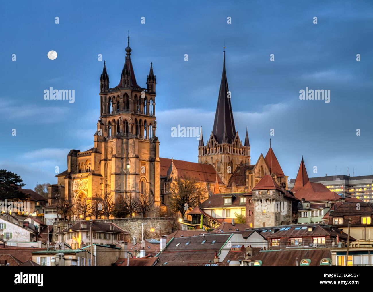 Cathedral of Notre Dame of Lausanne and bridge, Switzerland, HDR Stock ...