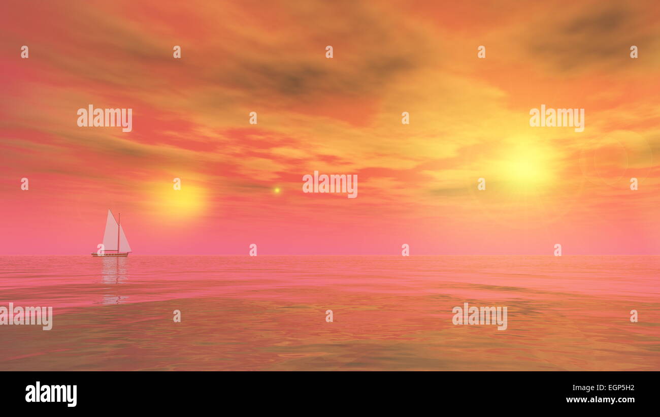 One small sailing boat floating on the water by sunset - 3D render ...