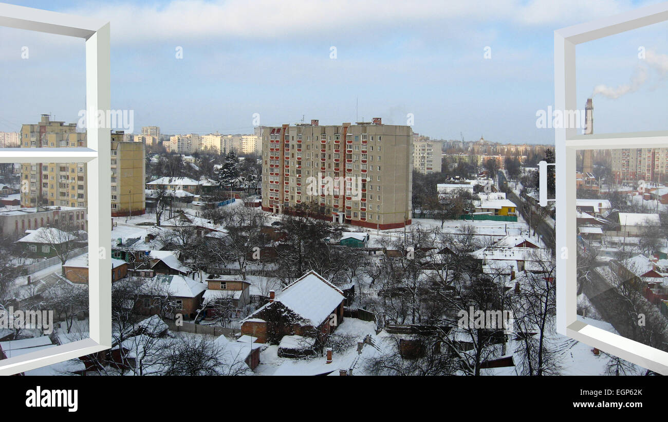 window opened to panorama of winter city Stock Photo - Alamy