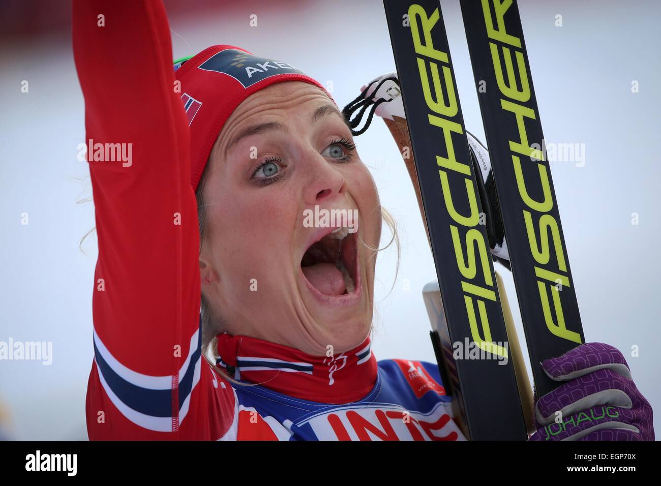Falun, Sweden. 28th Feb, 2015. Therese Johaug of Norway celebrates in ...