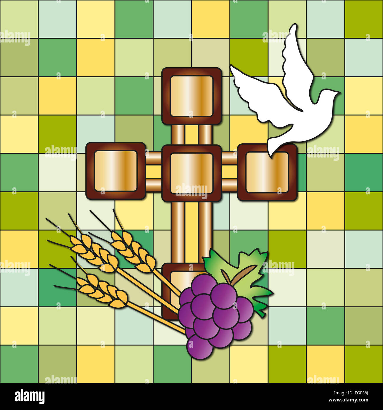 illustration for first communion with cross, dove, grain and grapes ...