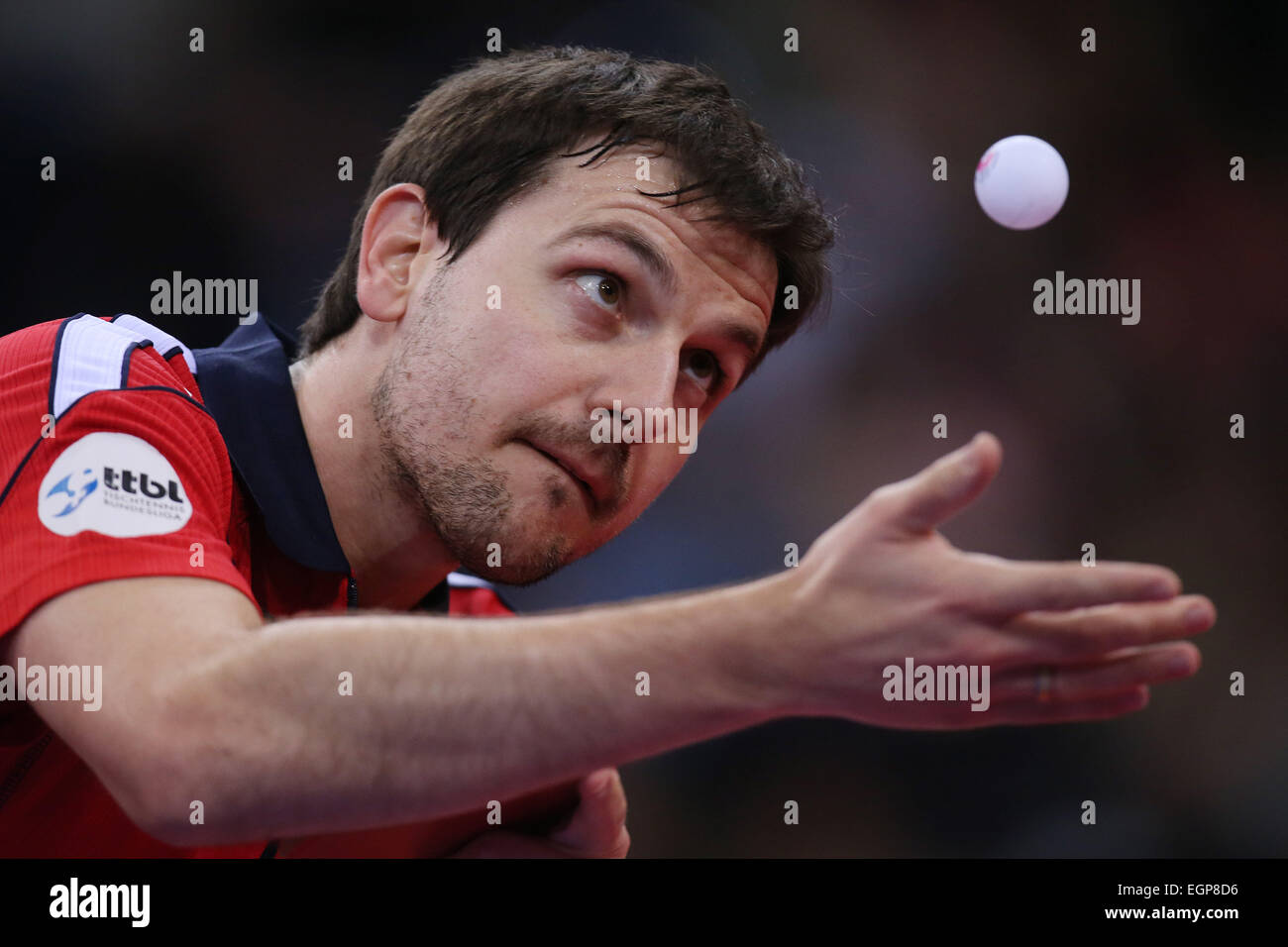 Hamburg, Germany. 27th Feb, 2015. Duesseldorf's Timo Boll in action ...