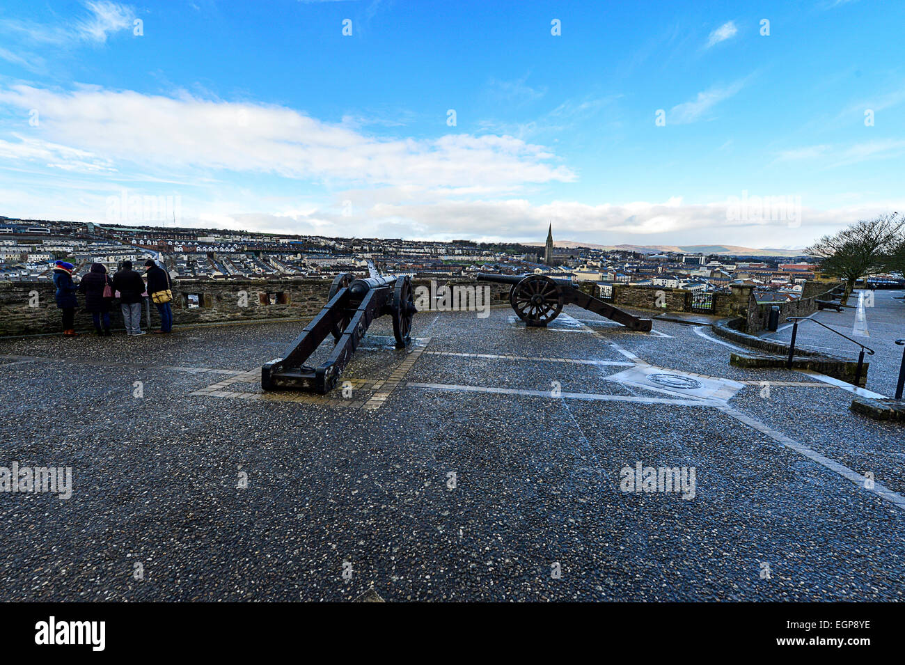 View of the Royal Bastion and siege cannons on Derry, Londonderry walls ...