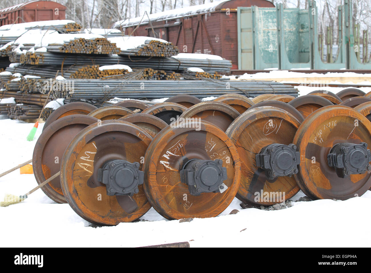 Railcar wheels on the axles of the wheelset as the element Stock Photo ...